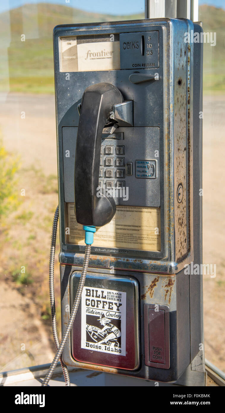 OLd telephone in outdoor booth, Hill City, Camas Prairie, Idaho, USA ...