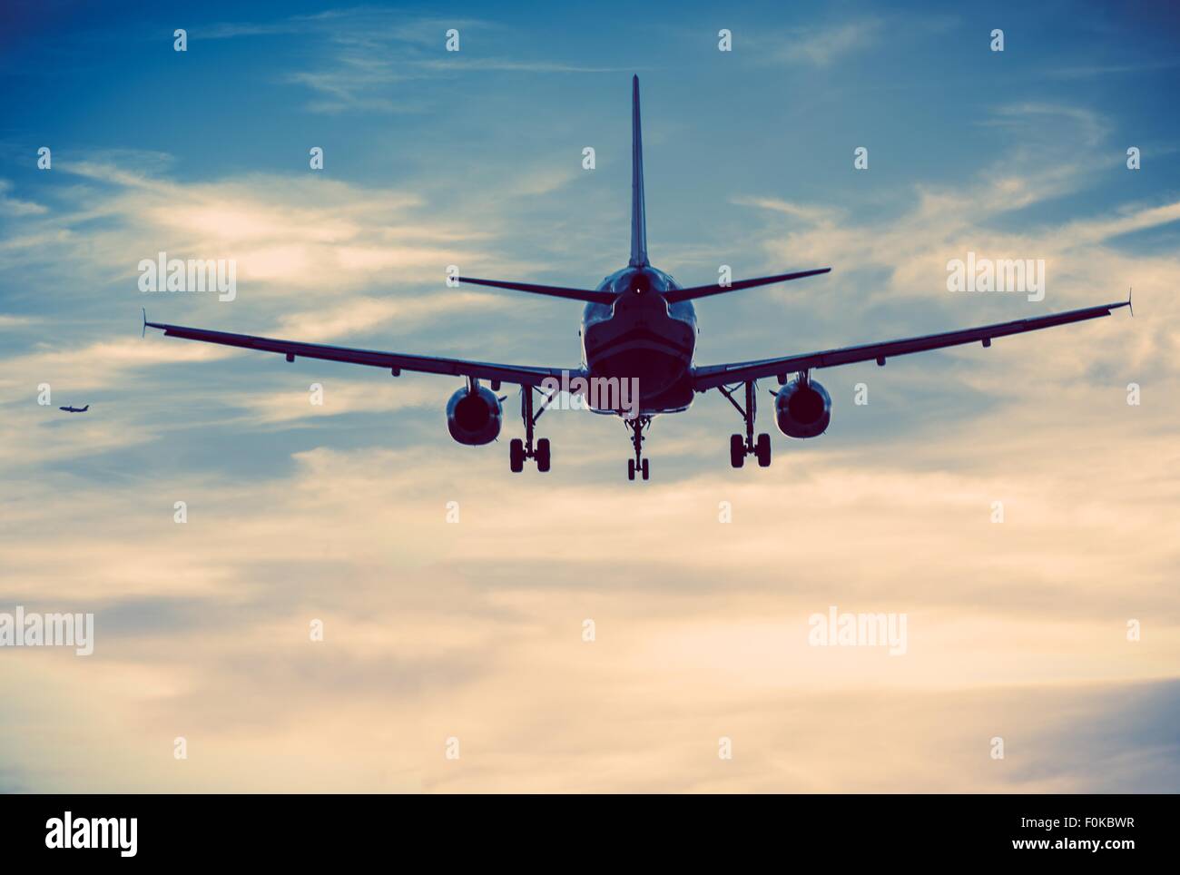 Commercial Airplanes on the Sky. Urban Blue Color Grading. Air ...