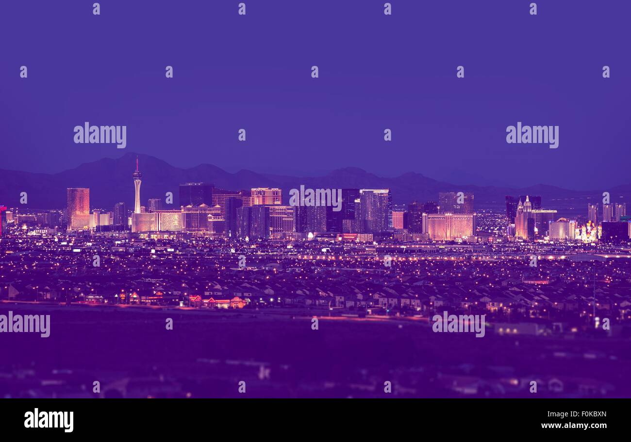 Las Vegas Cityscape at Night in Vintage Purple Color Grading. Las Vegas ...