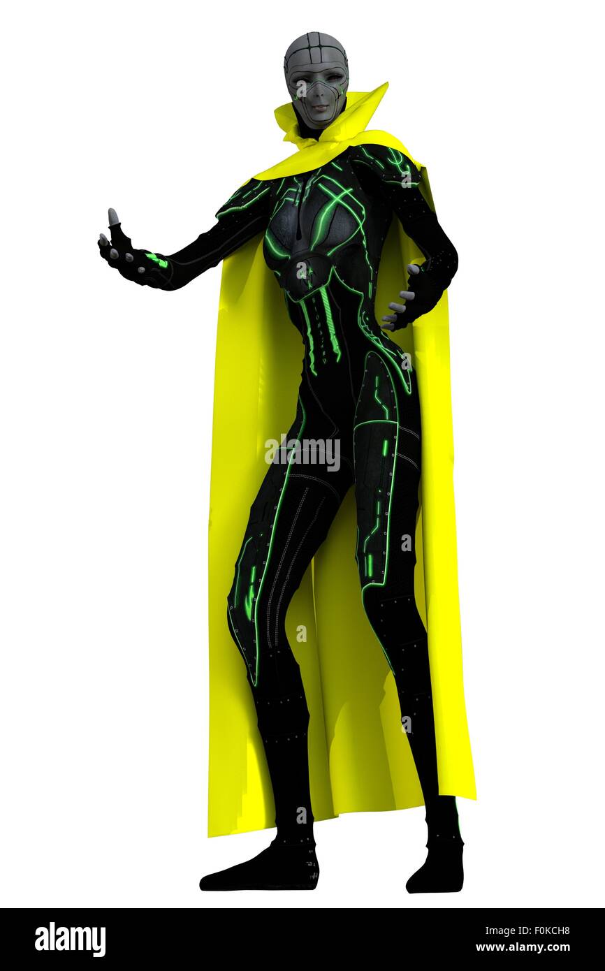 Very tall and thin smiling grey skinned female alien in yellow cloak ...