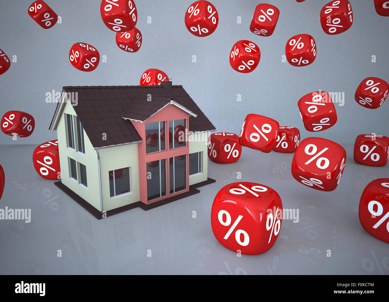 Residential house surrounded by percentage sign cubes, 3d illustration ...