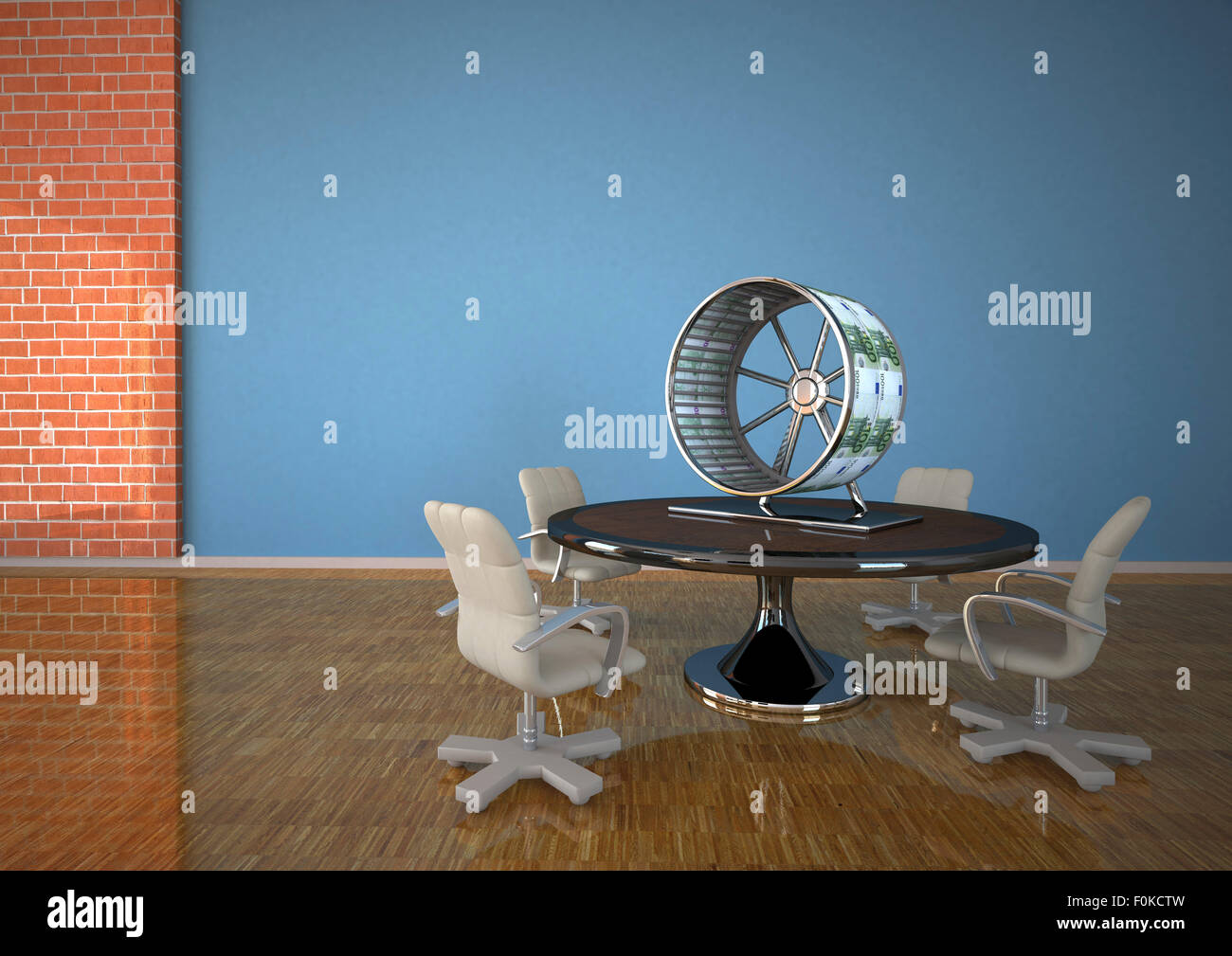 Hamster wheel with Euro notes on conference table, 3d illustration ...