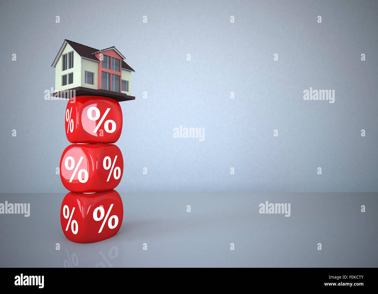 Residential house standing on percentage sign cubes, 3d illustration ...