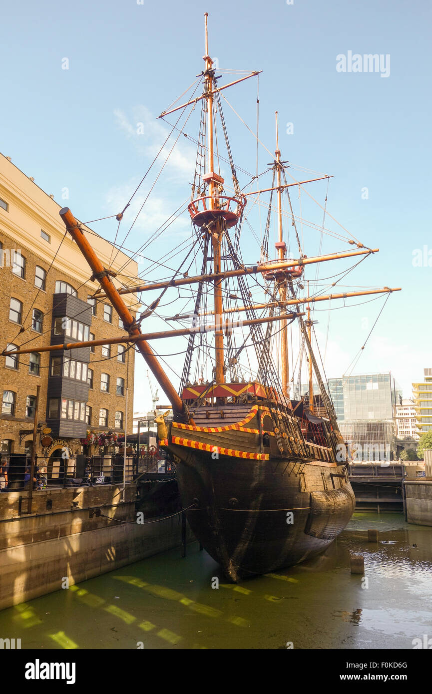 A replica of Francis Drake's Golden Hind ship near London Bridge Stock ...