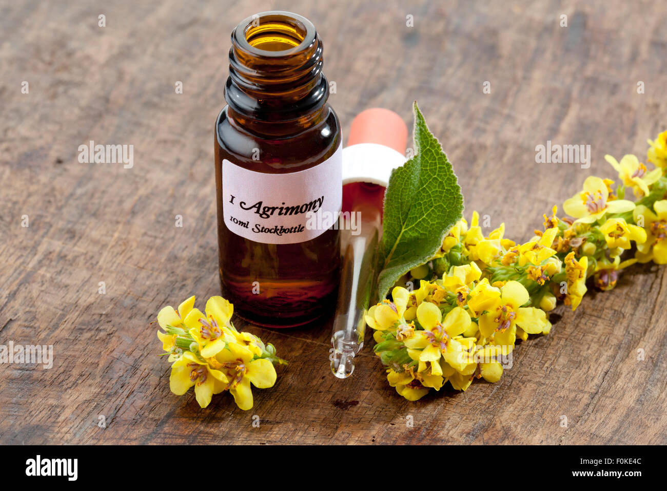 Flask with essence of agrimony and blossoms on wood Stock Photo - Alamy
