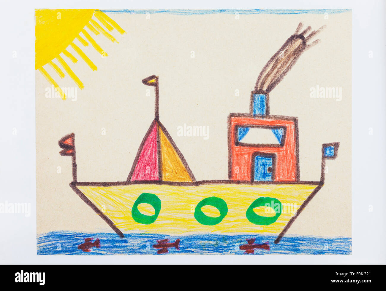 Child's drawing, colorful ship and sea Stock Photo - Alamy