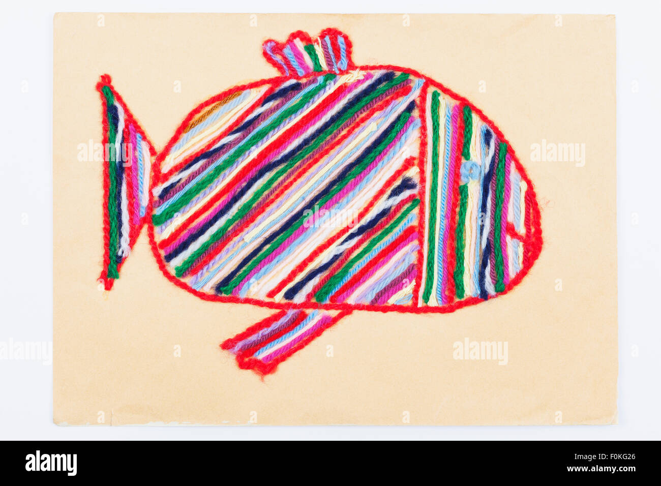 Handwork, embroidery, embroidered cardboard with wool, colorful fish ...