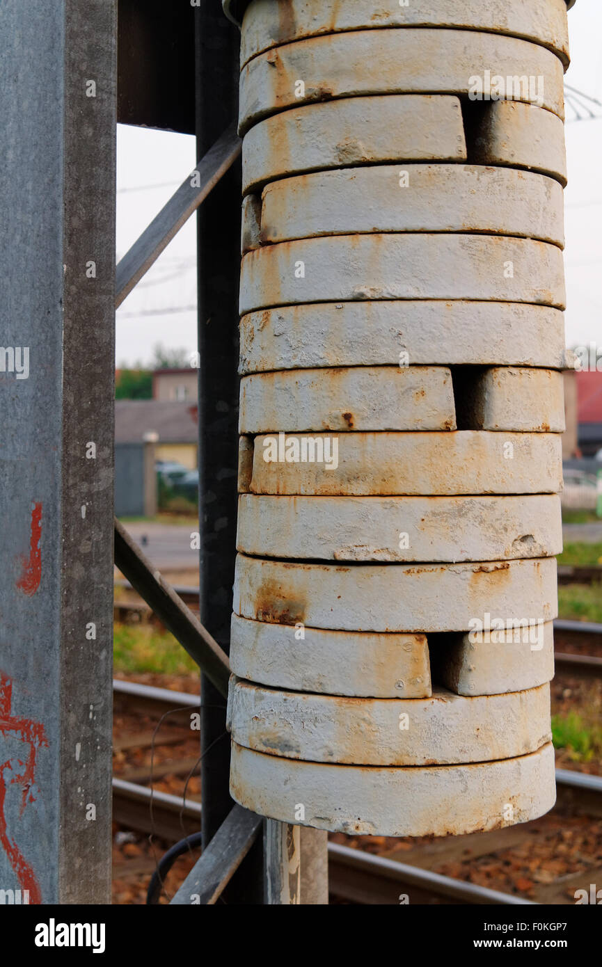 iron counterweights on the steel pole beside the railway Stock Photo ...