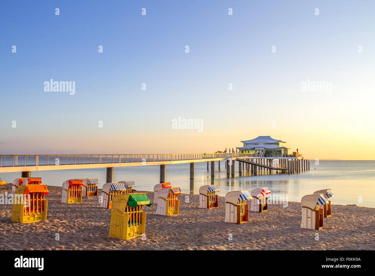Germany, Niendorf, view to Timmendorfer Strand with hooded beach chairs ...