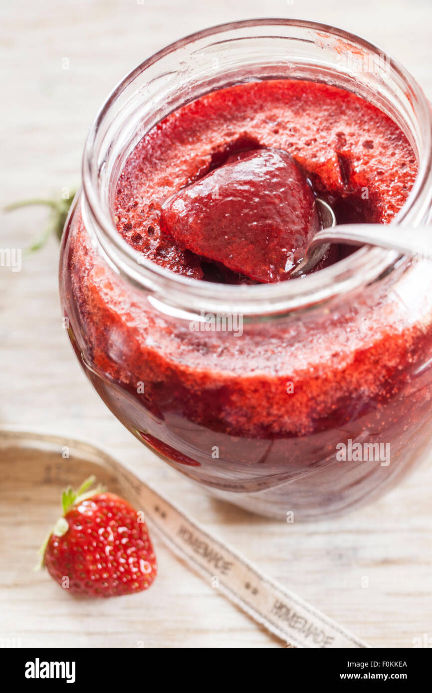 Jar of homemade strawberry jam, close-up Stock Photo - Alamy