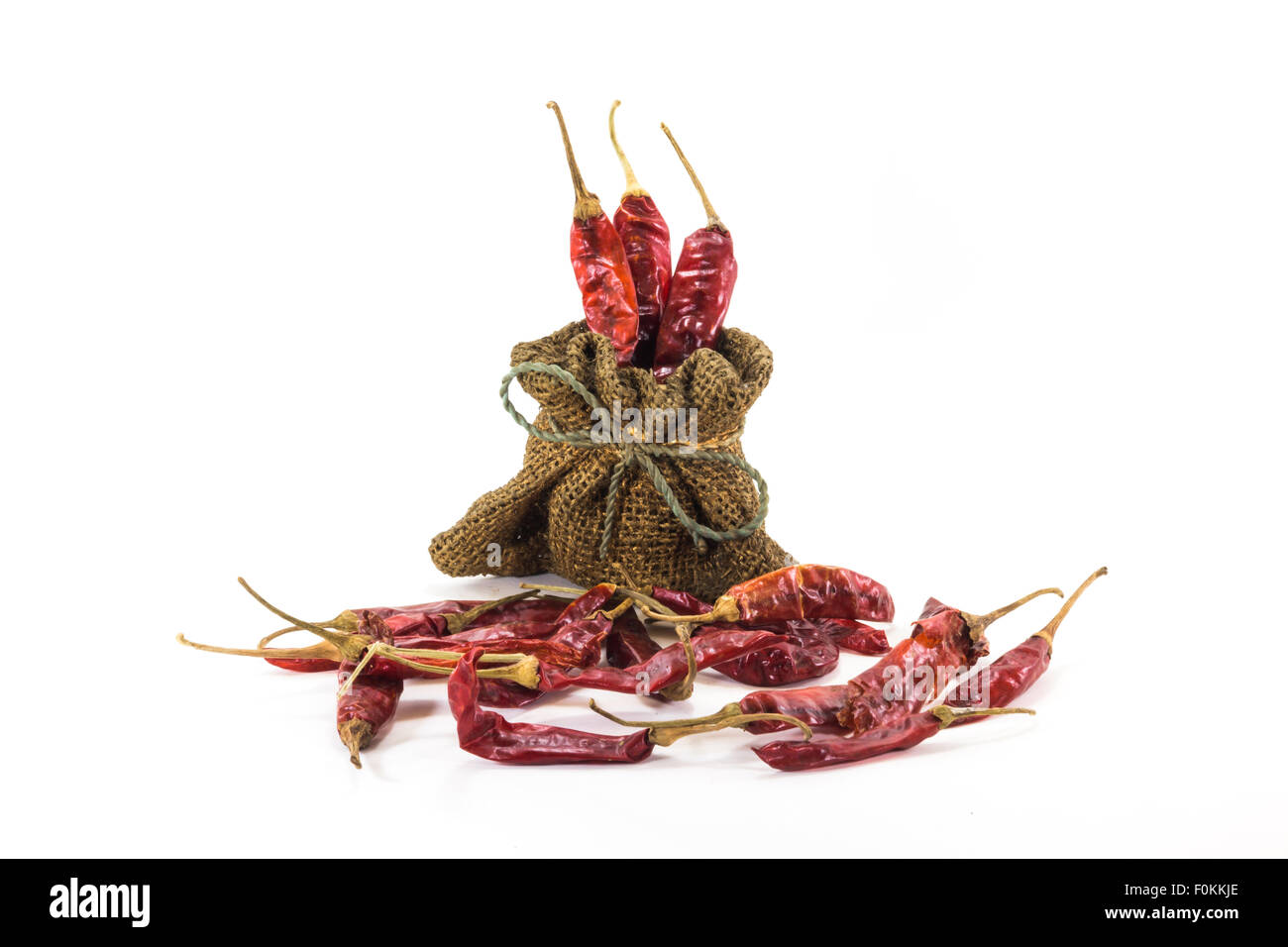 Red chilli in a hemp sack on the white background Stock Photo - Alamy