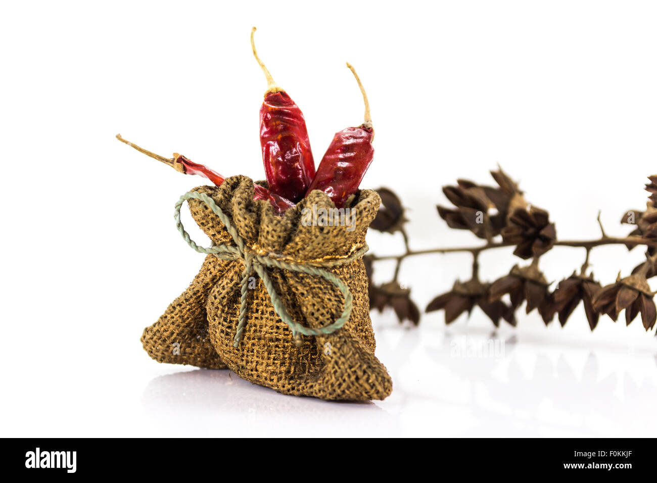 Red chilli in a hemp sack on the white background Stock Photo - Alamy