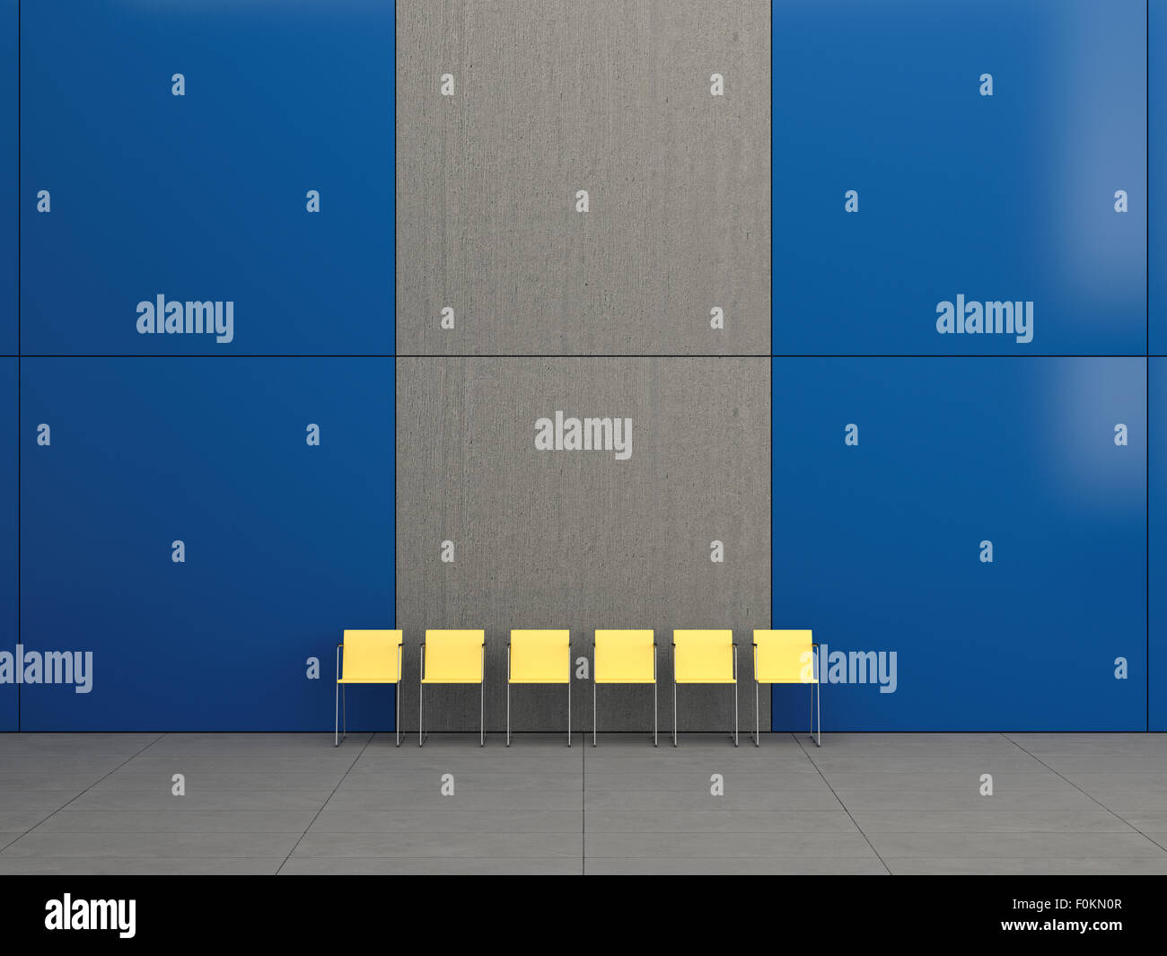 Row of six yellow chairs in a lobby, 3D Rendering Stock Photo - Alamy