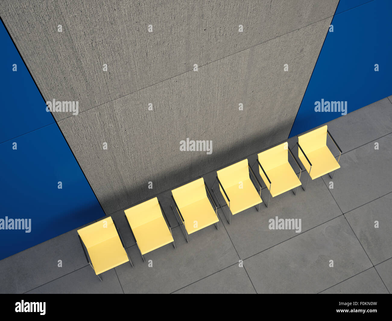 View to row of six yellow chairs in a lobby from above, 3D Rendering ...