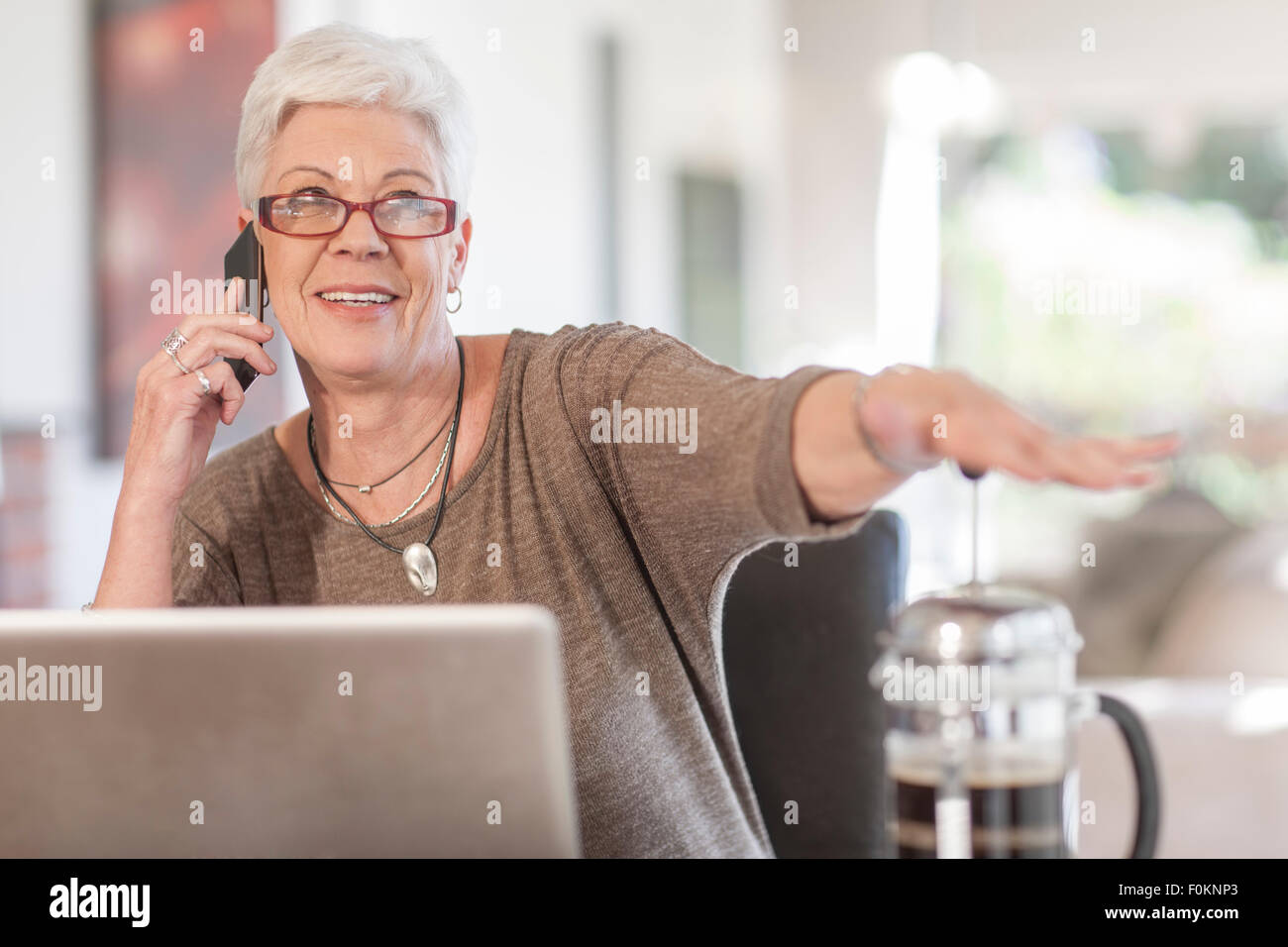 Senior woman with laptop on the phone Stock Photo - Alamy