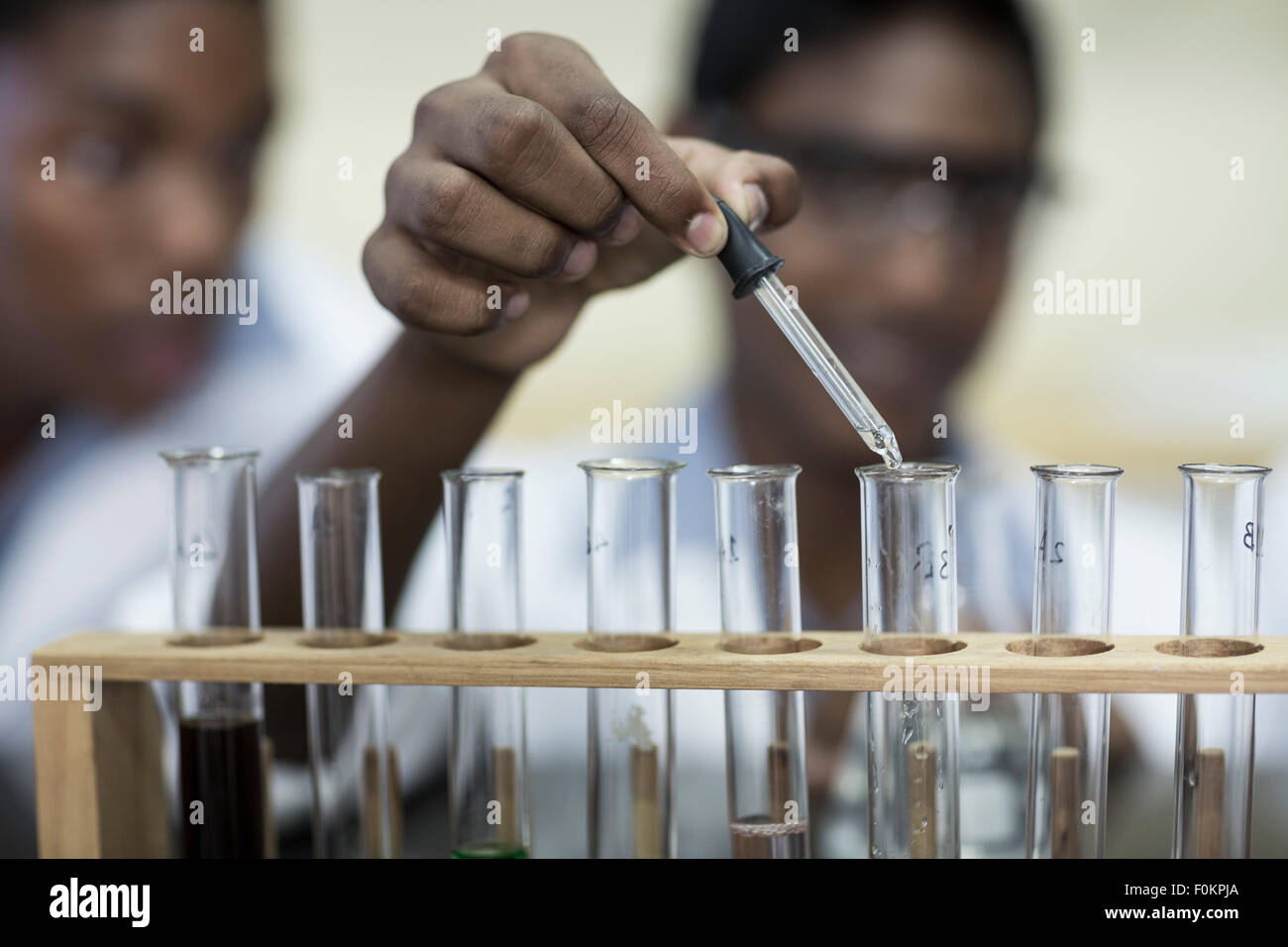 Student in chemistry class pipetting liquid into test tube Stock Photo ...