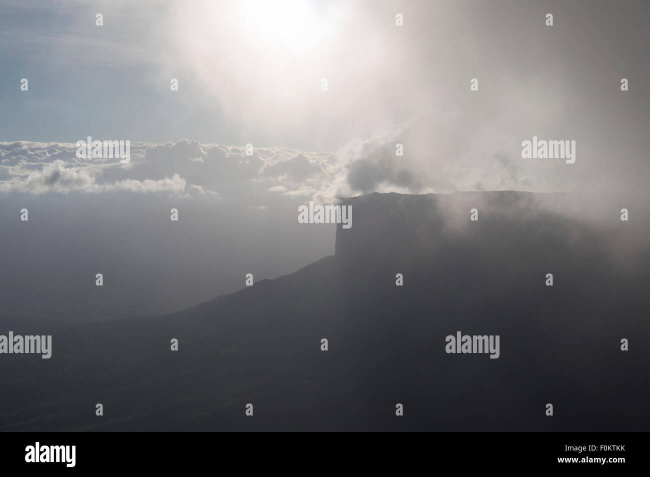Panorama of wild landscape at the top of Mount Roraima with fog. Gran ...