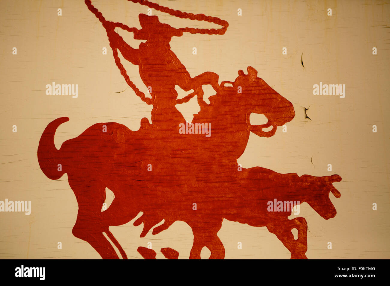 Background with a red rodeo rider roping a calf. Lasso is in the air ...