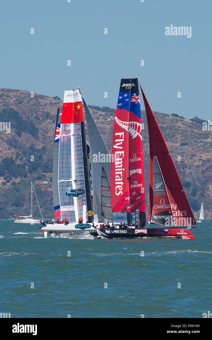 A group of catamaran team race during the america's cup world series ...