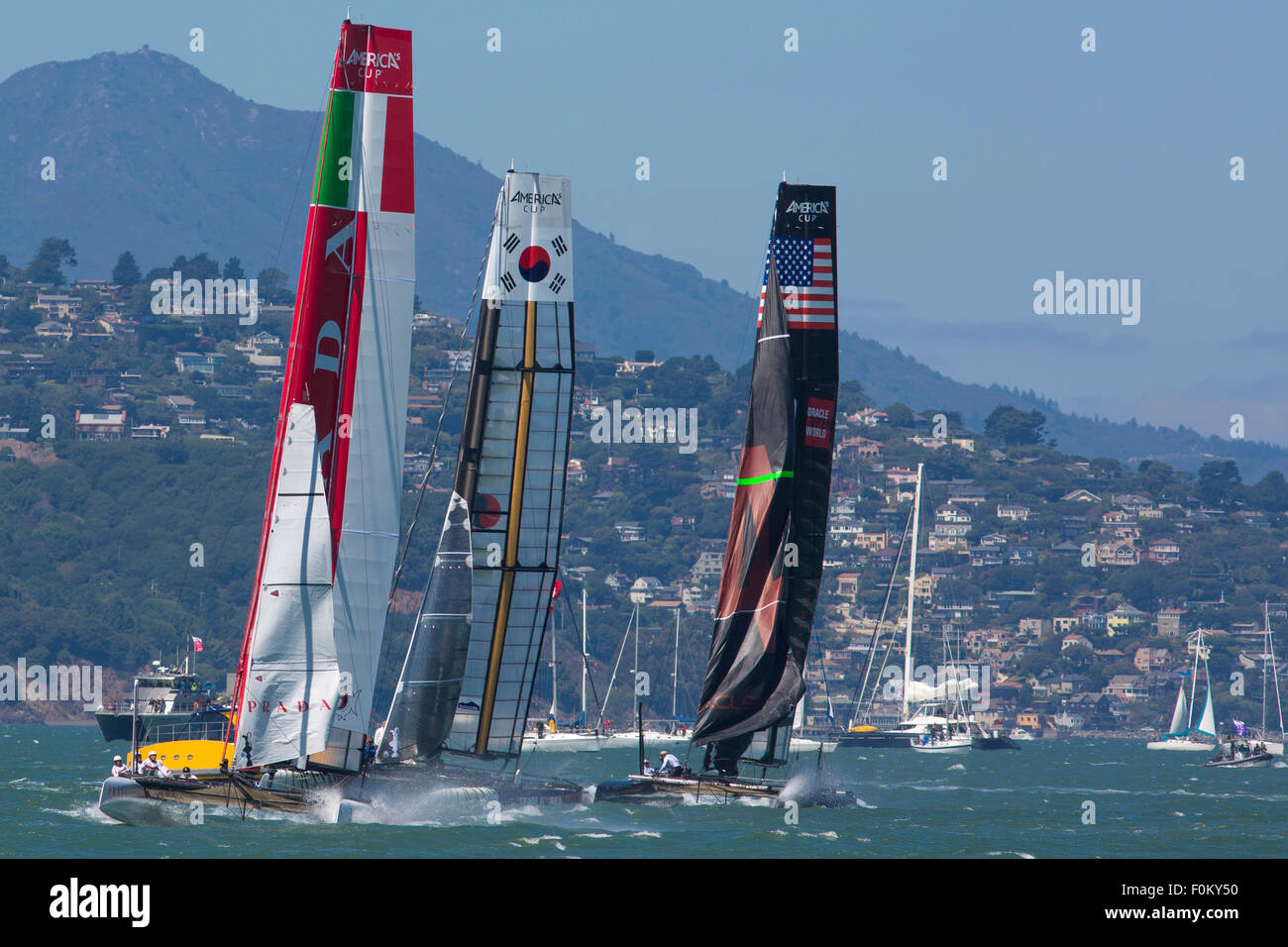 A group of catamaran team race during the america's cup world series ...