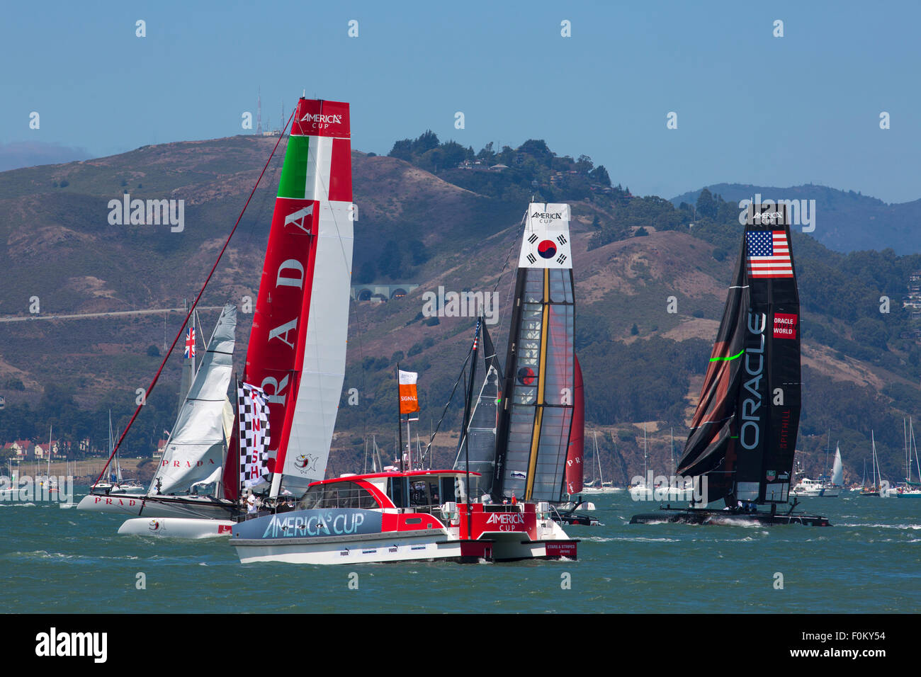 A group of catamaran team race during the america's cup world series ...