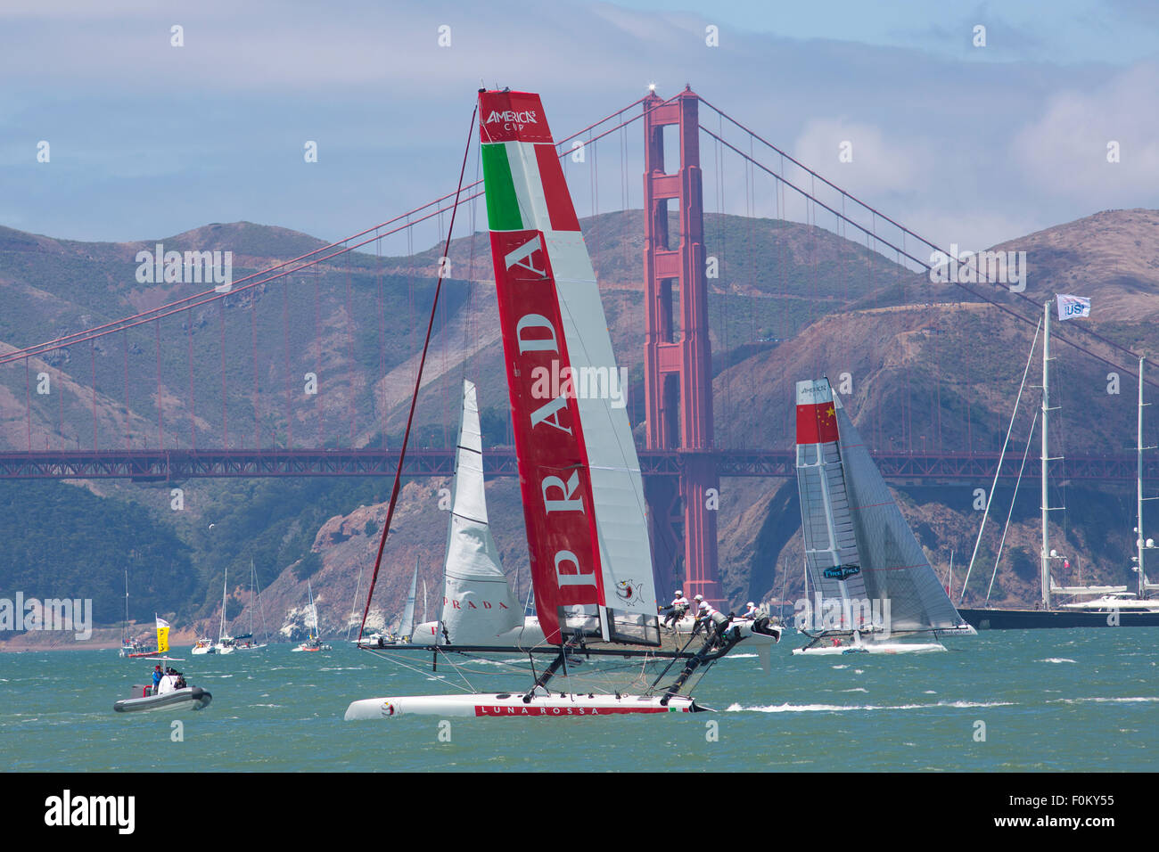 A group of catamaran team race during the america's cup world series ...
