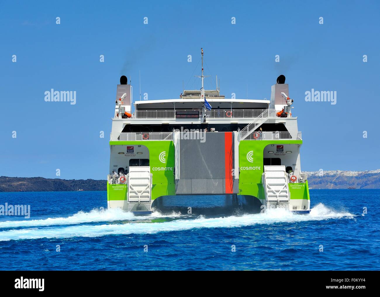 A Cosmote hellenic high speed 4 ferry leaving Santorini Greece Stock ...