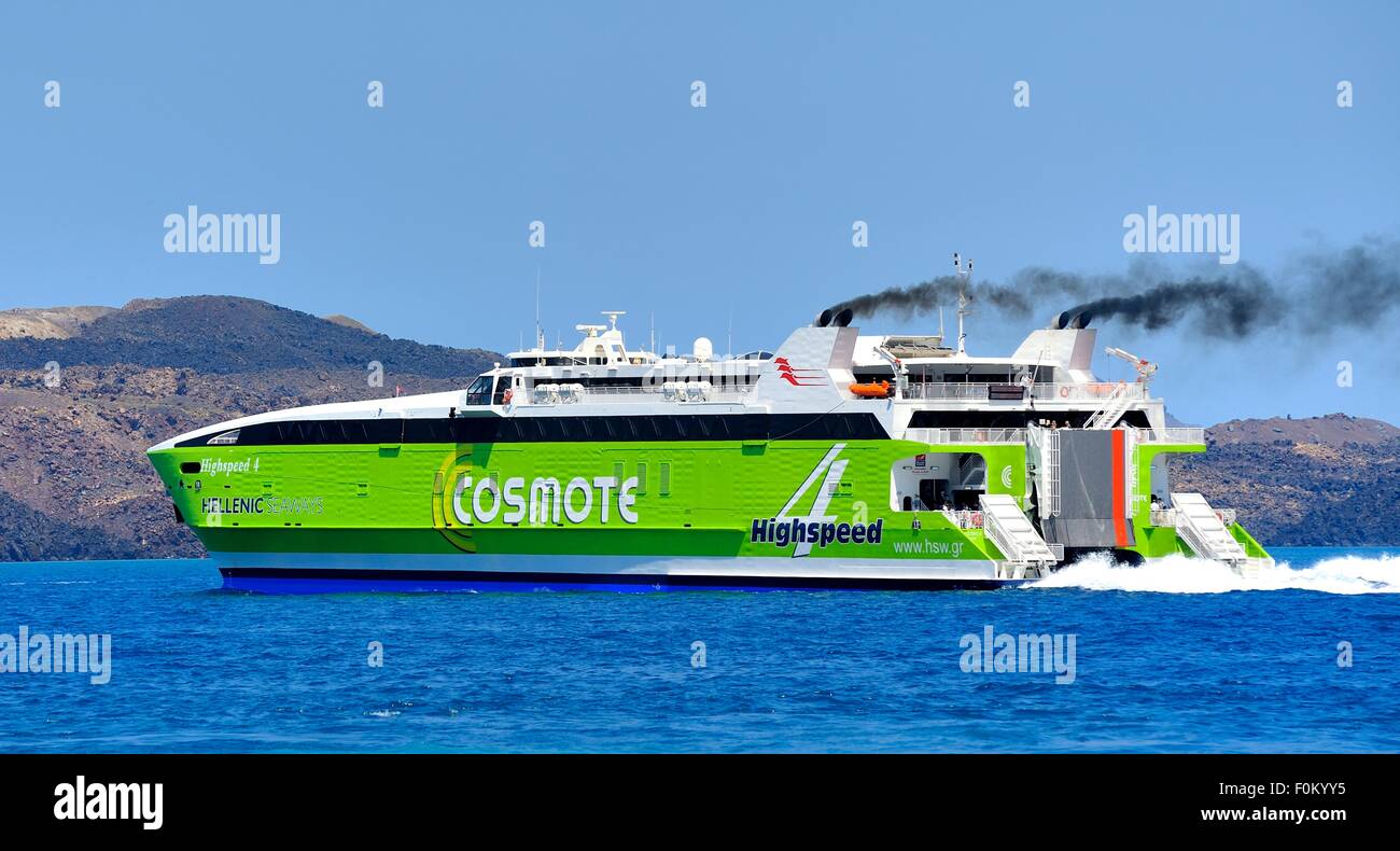 A Cosmote hellenic high speed 4 ferry leaving Santorini Greece Stock ...