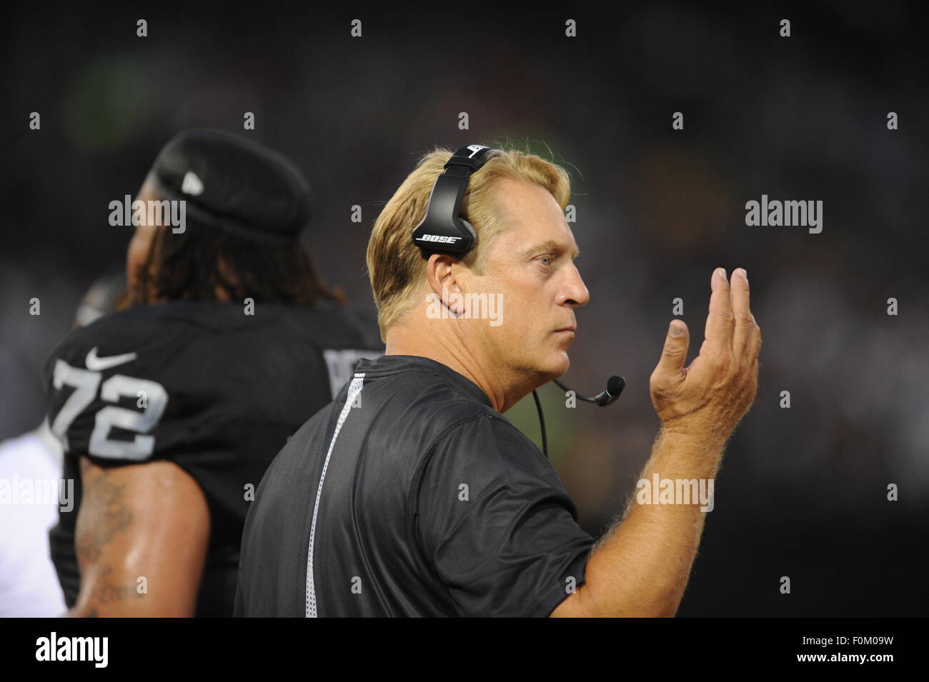 August 14, 2015 Oakland, CA...Raiders head coach Jack Del Rio calls out ...