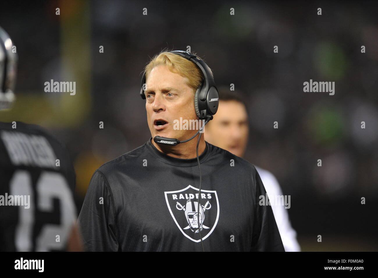 August 14, 2015 Oakland, CA...Raiders head coach Jack Del Rio calls out ...