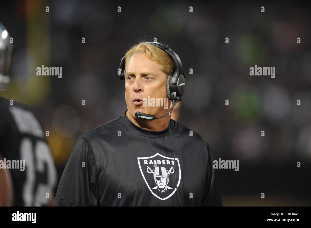 August 14, 2015 Oakland, CA...Raiders head coach Jack Del Rio calls out ...