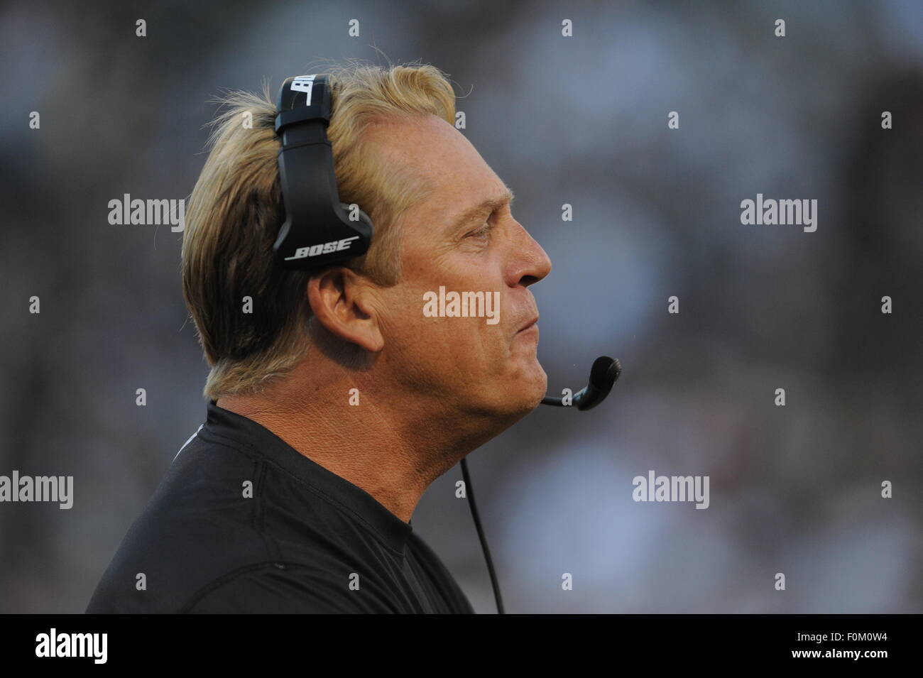 August 14, 2015 Oakland, CA...Raiders head coach Jack Del Rio calls out ...