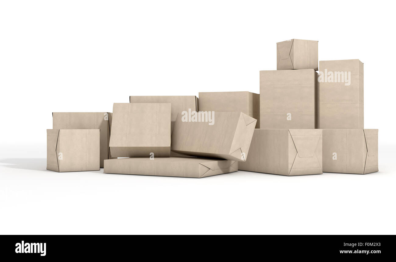 A scattered collection of parcel boxes wrapped in brown paper on an ...