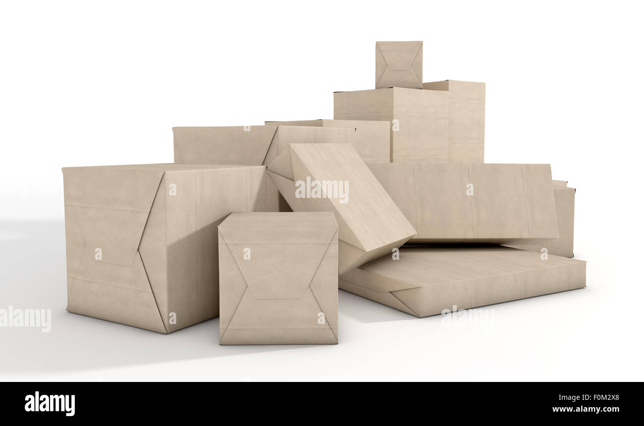 A scattered collection of parcel boxes wrapped in brown paper on an ...