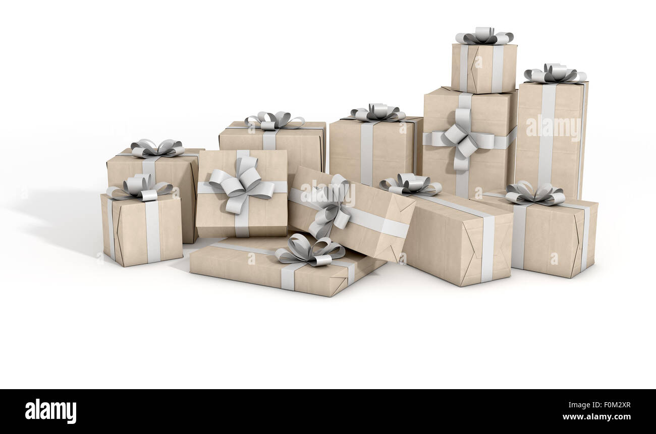 A scattered collection of gift boxes wrapped in brown paper and a white ...