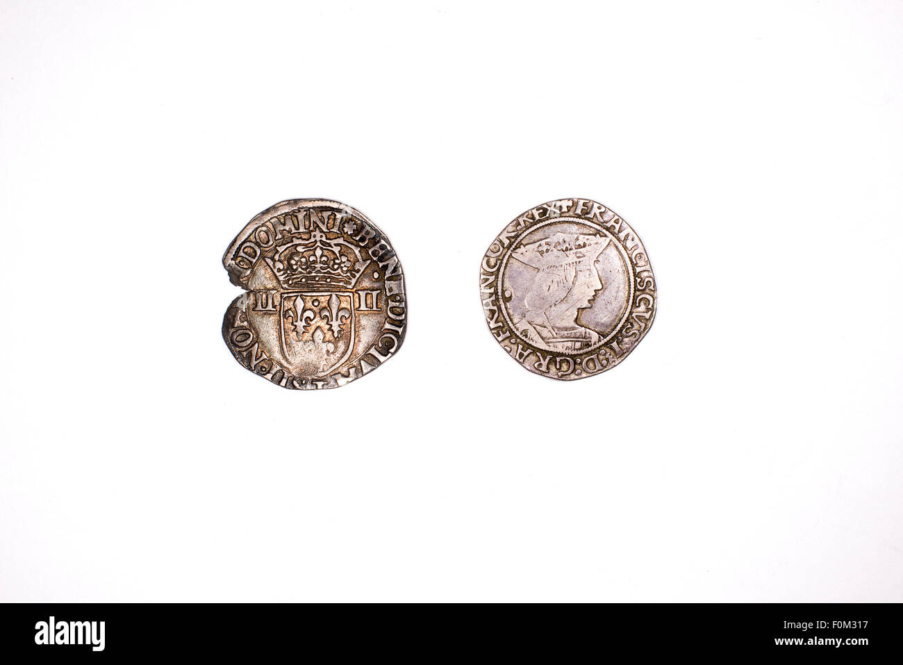 Old silver coins with portraits of kings on a white background Stock ...