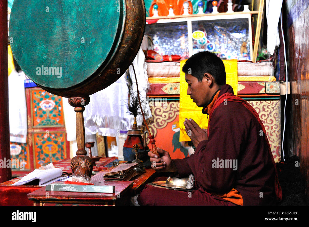 India Jammu Kashmir Ladakh Hemis Monastery Monks in prayer Stock Photo ...