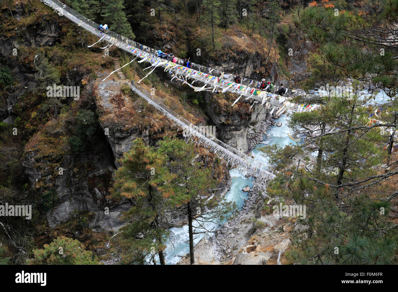 The Larja suspension Bridge over the Dudh Koshi river, near Namche ...
