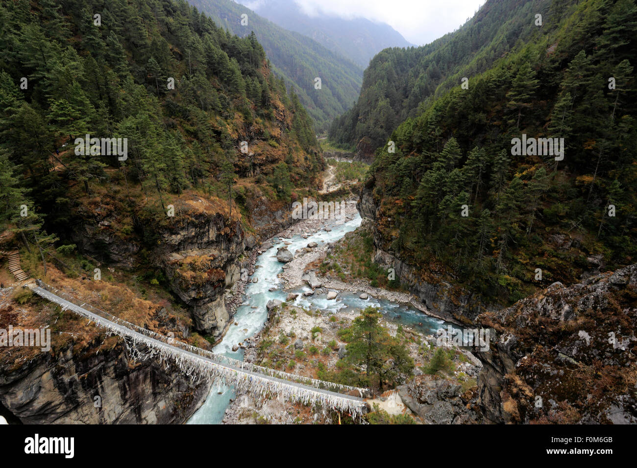 The Larja suspension Bridge over the Dudh Koshi river, near Namche ...