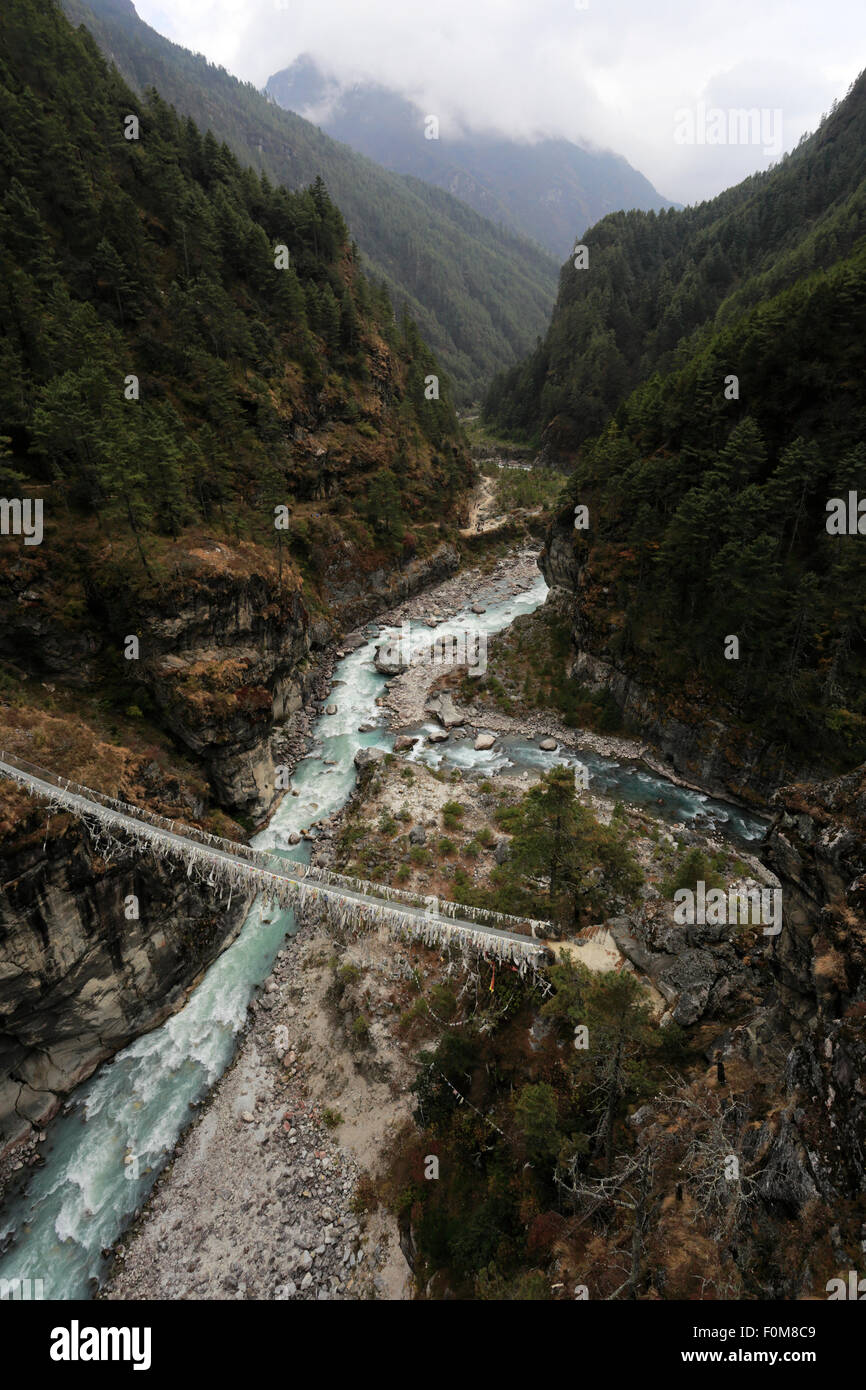 The Larja suspension Bridge over the Dudh Koshi river, near Namche ...