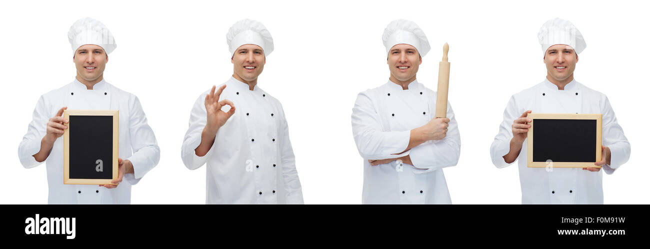 happy male chef baker with menu board showing ok Stock Photo - Alamy