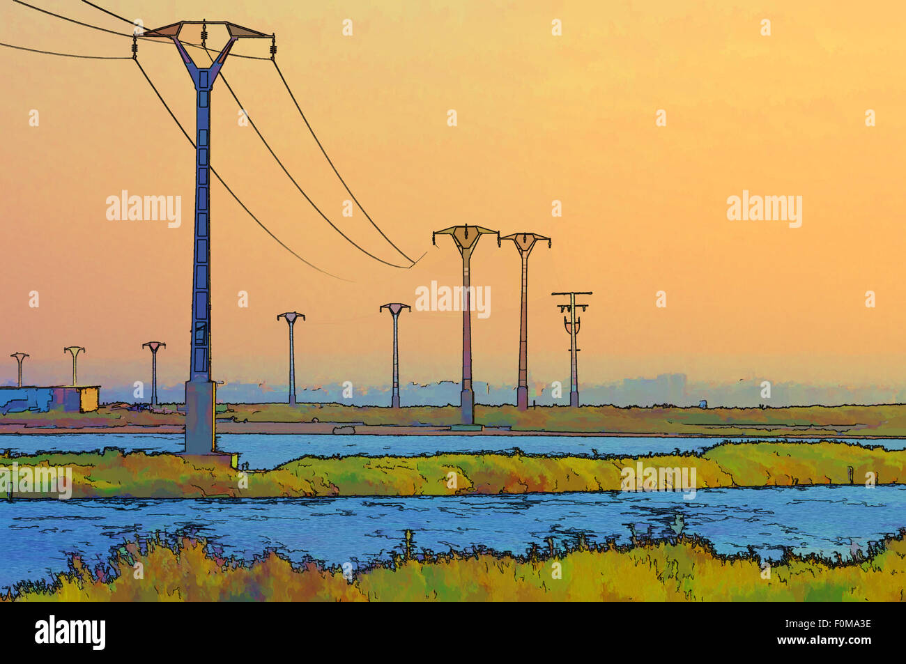 Abstract electrical towers in area lakes Stock Photo - Alamy