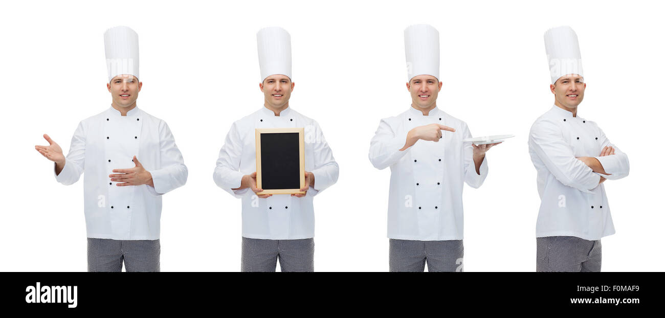 happy male chef cook holding blank menu board Stock Photo - Alamy
