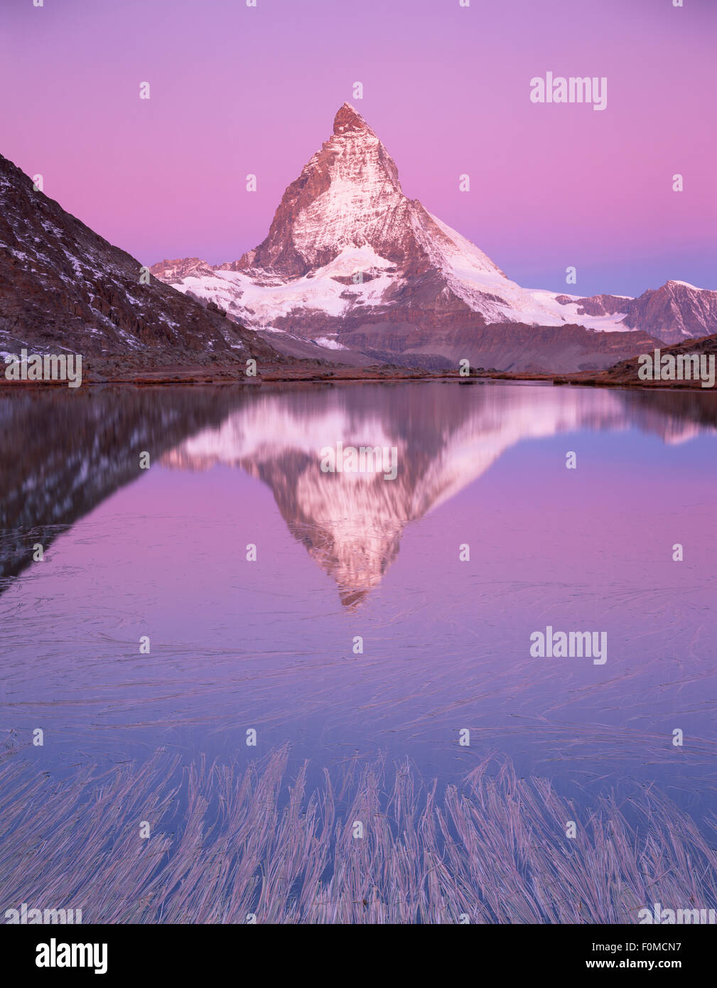 Matterhorn (4,478m) with reflection in Riffel Lake, at sunrise, Wallis ...