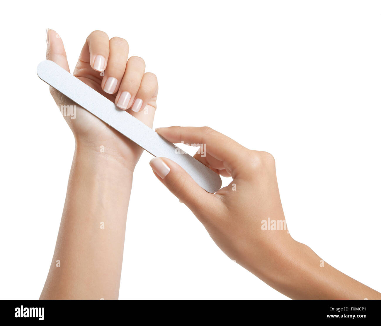 Perfect Woman hands with beautiful fingernails and a nail file Stock ...