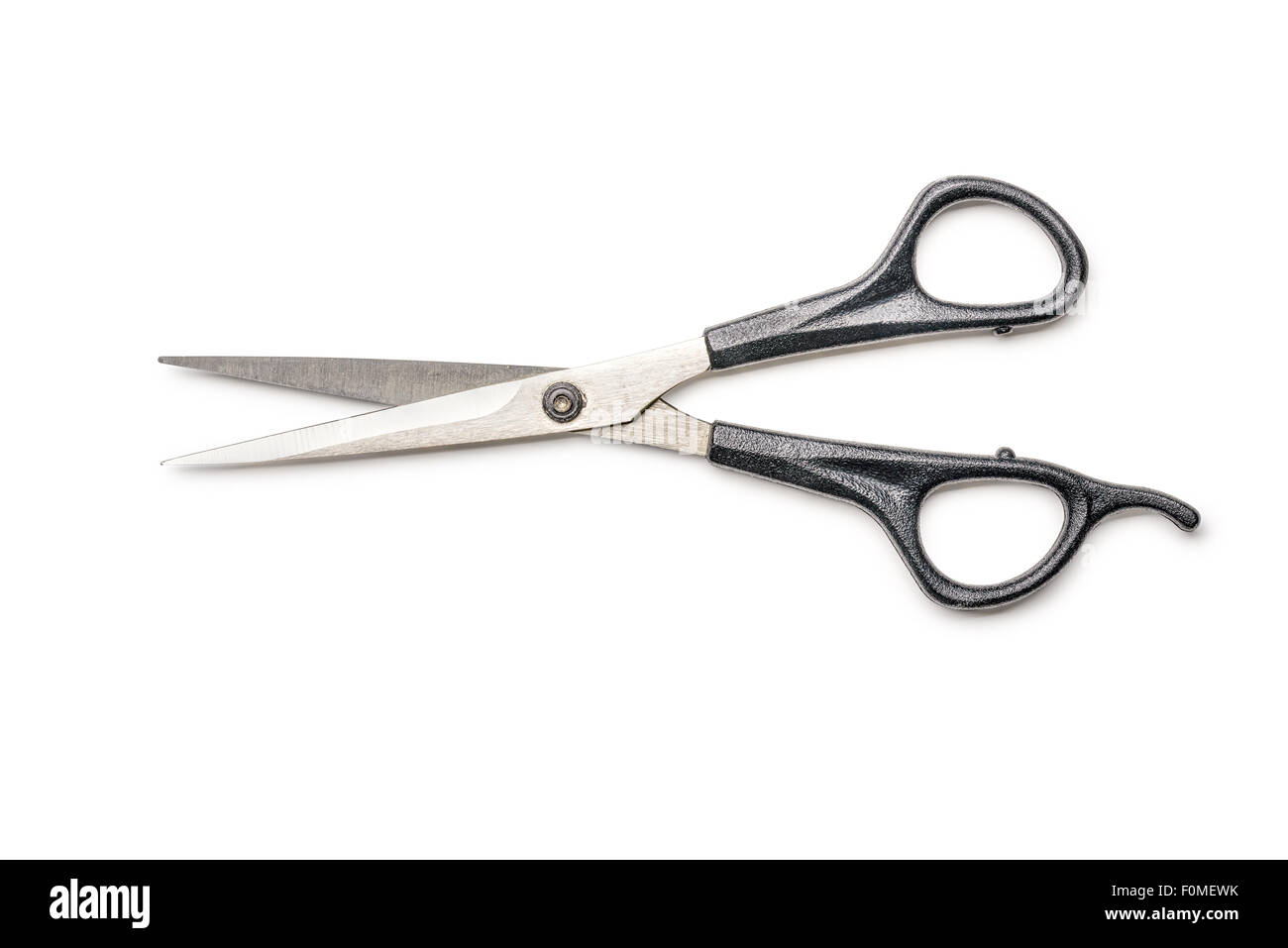 Modern iron scissors with black handle isolated on white background ...