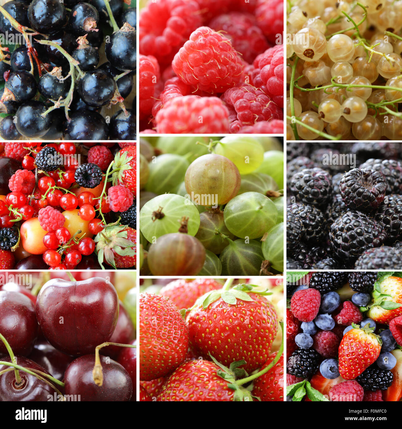 collage assorted summer berries (raspberries, strawberries, cherries ...