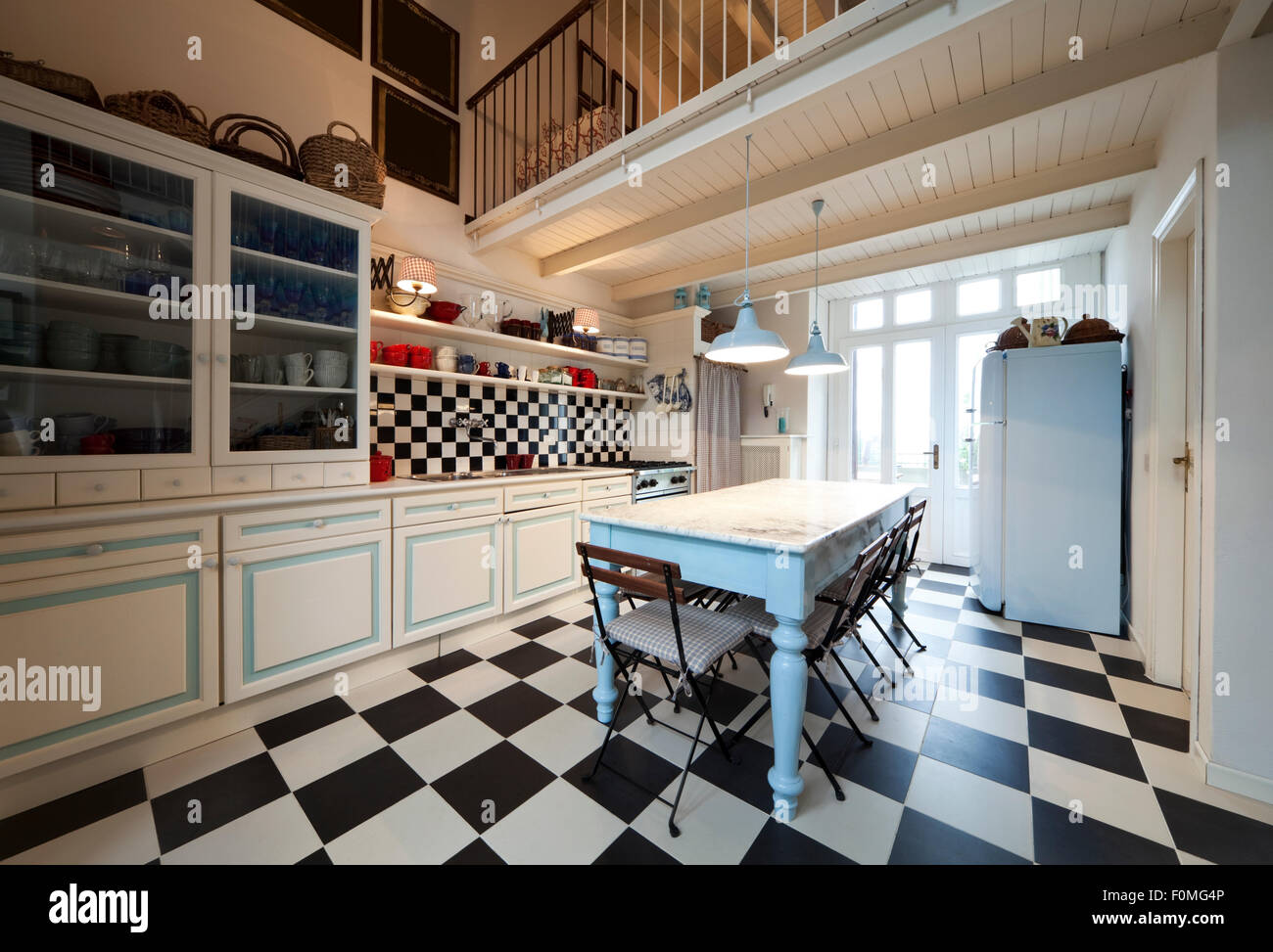 chessboard floor, kitchen interior Stock Photo - Alamy