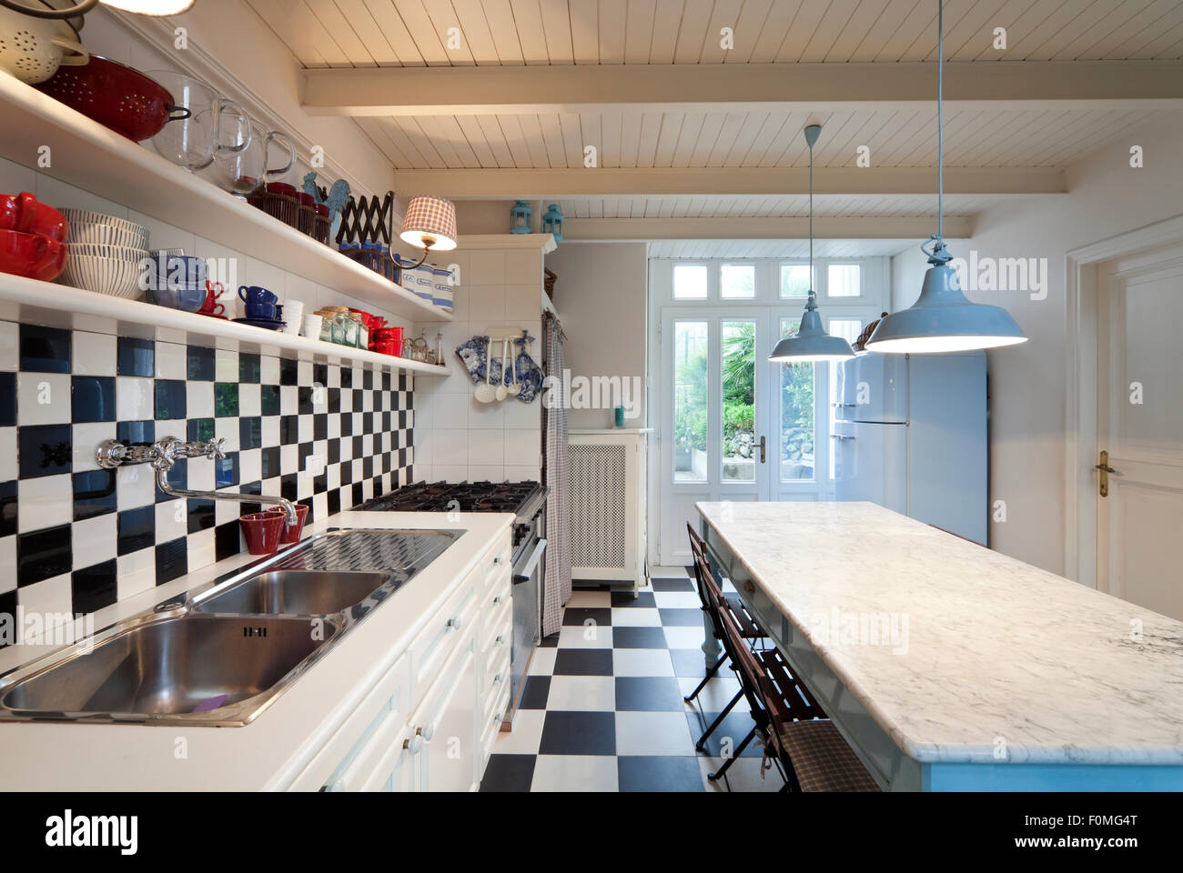 chessboard floor, kitchen interior Stock Photo - Alamy