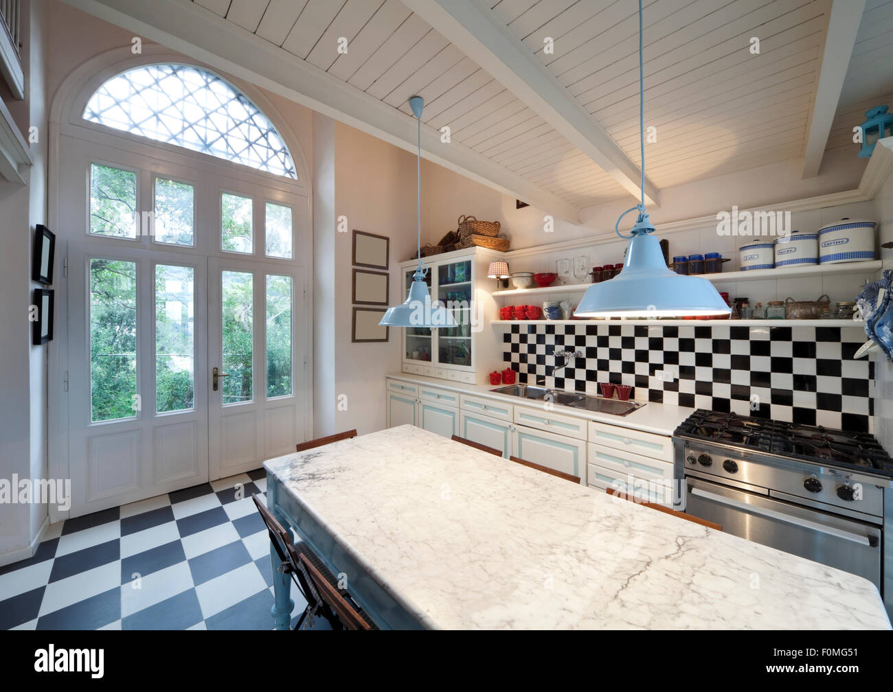 chessboard floor, kitchen interior Stock Photo - Alamy